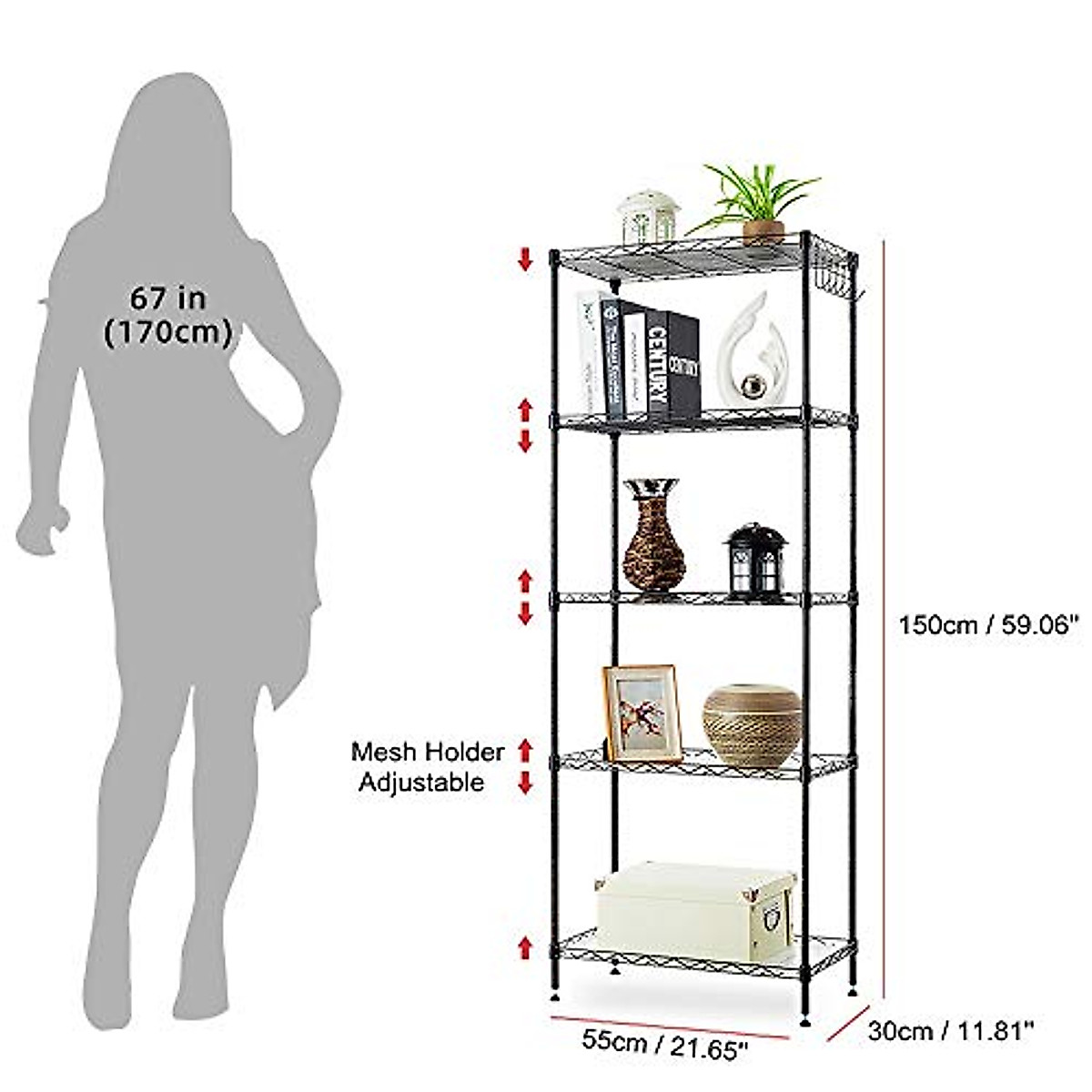 5 Tier Heavy Duty Height Adjustable Storage Rack Wire, Black Commercial Grade Steel Layer Shelving Unit Organizers, Large Metal Storage Shelves for Kitchen Garage Closet Pantry Laundry Bathroom