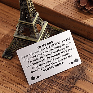 Personalized Engraved Wallet Insert Card for Son - I Love You - Graduation Birthday Christmas Deployment - Unique Message Metal Cards for Him from Mom Mather