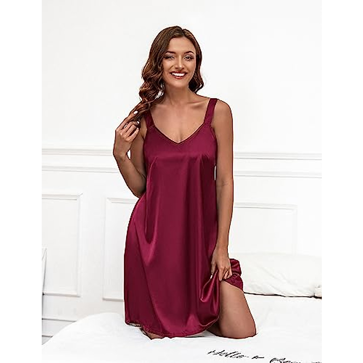 HBZDQB Ladies Full Slip Sleepshirt Satin V Neck Sleepwear Racerback Chemise Sexy babydoll Jersey Lingerie Wine Red XXL