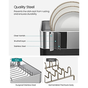 SONGMICS 2-Tier Small Dish Drying Rack, Expandable Dish Dryer for Kitchen Counter, Stainless Steel Dish Rack with Utensil Holder, Rustproof, for Dishes, Knives, Spoons, Forks, Silver Black UKCS036B01