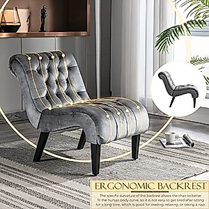 Velvet Accent Lounge Chair for Living Room, Modern Leisure Chair with Tufted Backrest, Indoor Armless Side Chair, Upholstered Bedroom Sleeper Chair with Solid Wood Legs, Grey