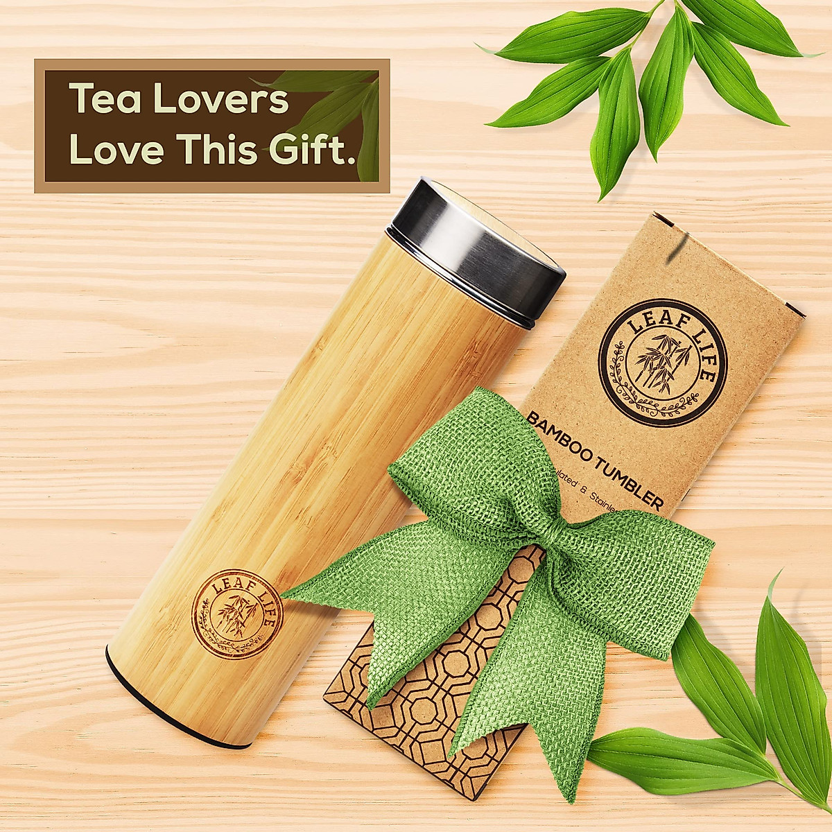 LeafLife Premium Bamboo Thermos with Tea Infusers for Loose Tea 17oz - Hot & Cold for 12 Hrs - Tea Accessories - Long Handled Tea Strainers - Unique Gifts for Women, Tea Gift Set for Women