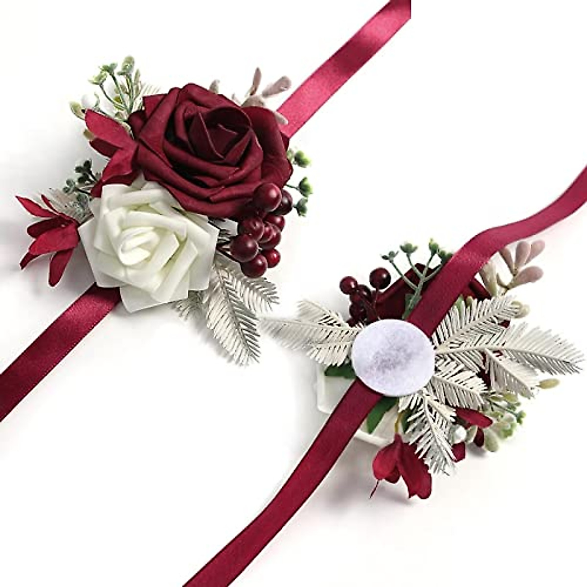 Emivery 6Pcs Burgundy Flowers Wrist Corsage, Wrist Rose Flower Corsage Wristlet Band Bracelets Wedding Prom Party Hand Flower Decor