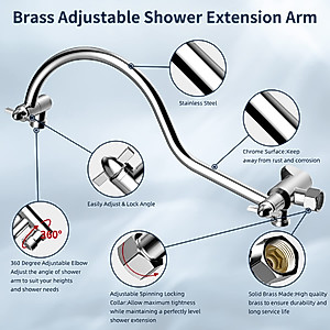 Hibbent 12 Inch Thickness Metal Rainfall Shower Head/Handheld Showerhead Combo with 12 Inch Adjustable Curved Shower Extension Arm, 7-Spray, 71 Inch Hose, Adhesive Showerhead Holder, Chrome