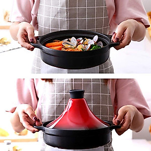 MYYINGBIN Hand Painted Tagine Pot, Lead Free Ceramic Cookware, Enamel Cast Iron Layer Slow Cooker with Gloves Potholder, Red