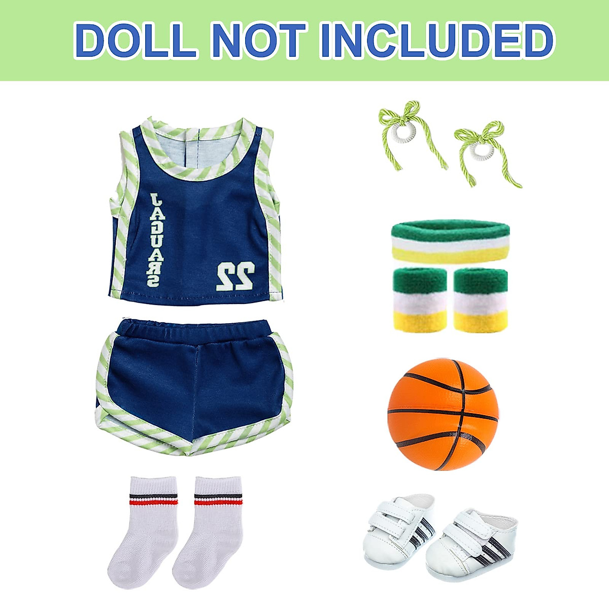 18 Inch Doll Clothes and Accessories - Basketball Clothes Sports Set Designed for 18 Inch Girl Doll Include Doll Clothes, Hair Bands, Bracers, Shoes, Socks and Basketball