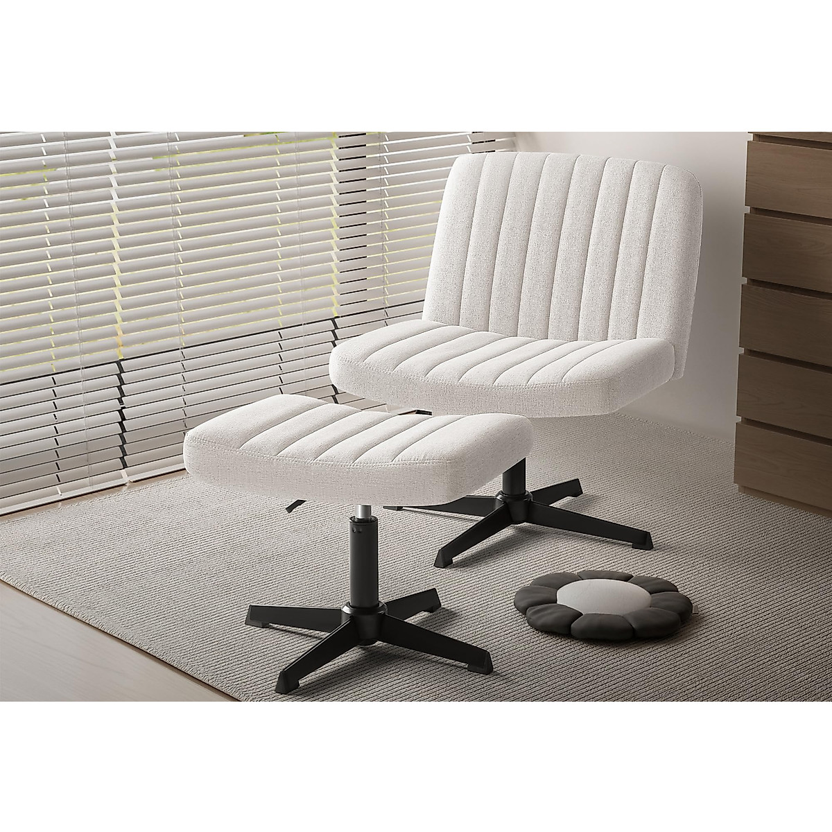 Shahoo Criss Cross Legged Chair with Ottoman, Armless Swivel Wide Padded Modern Height Adjustable Fabric Home Office, Beige