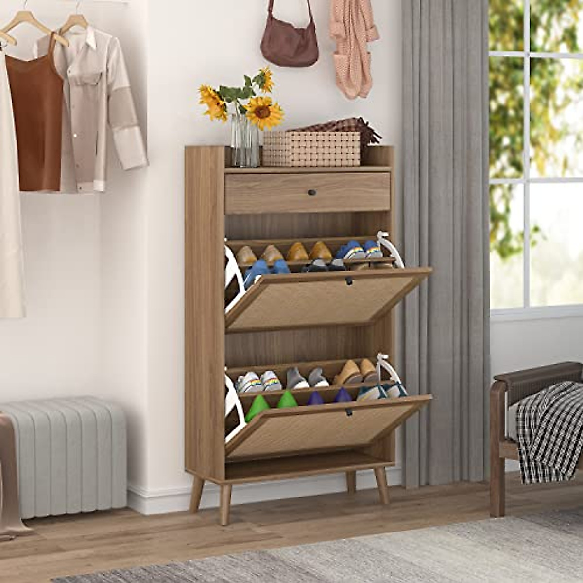 Goujxcy Natural Rattan Shoe Cabinet with 2 Flip Drawers, Farmhouse Shoe Storage Cabient for Heels, Boots, Slippers, Slim Wood Freestanding Shoe Rack Organizer for Entryway, Hallway, Bedroom,Walnut