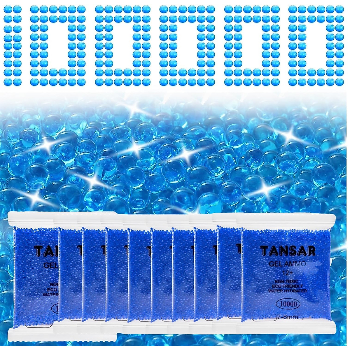 Gel Balls Blaster Ammo Gel Gun Refill(10 Packs,10,000 Pieces Per Pack), 7.5mm Splat Gel Balls Bullets Accesories 7-8 mm, Compatible with Gel Gun, Blue Colour, for Ages 14+