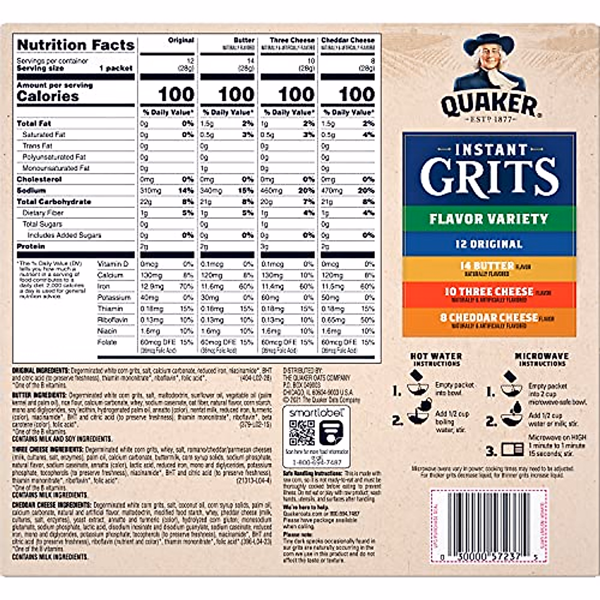 Quaker Instant Grits, 4 Flavor Variety Pack, 0.98oz Packets,44 Count (Pack of 1)