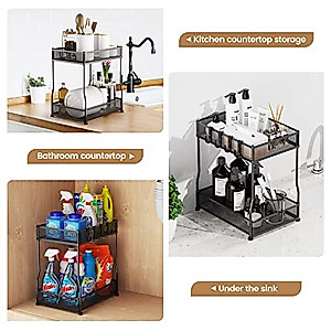 Under Sink Organizers and Storage, Bathroom Cabinet Organizer and Storage, 2 Tier Under Cabinet Organizers and Storage with 4 Hooks, Reinforced Metal Kitchen Sink Cabinet Storage Organizer-2PCK