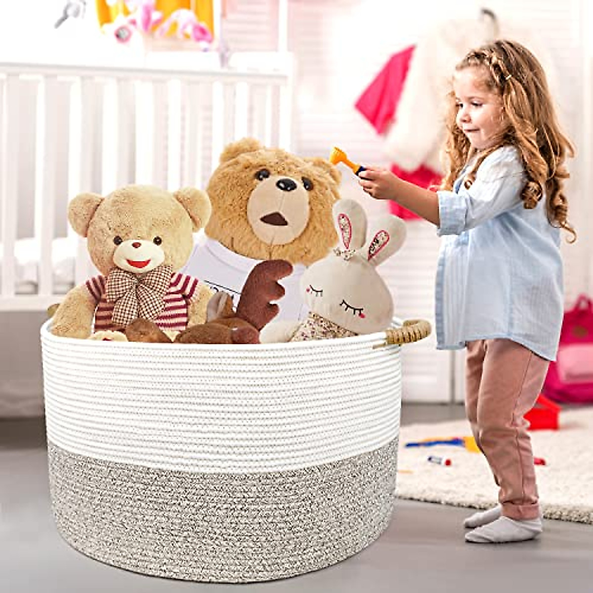 Large Woven Nursery Basket 21.7" x 13.8" Rope Woven Bins with Handles for Baby Cloth Toys Book Storage, Sturdy Decorative Storage Baskets for Organization, Living Room Bathroom Bedroom