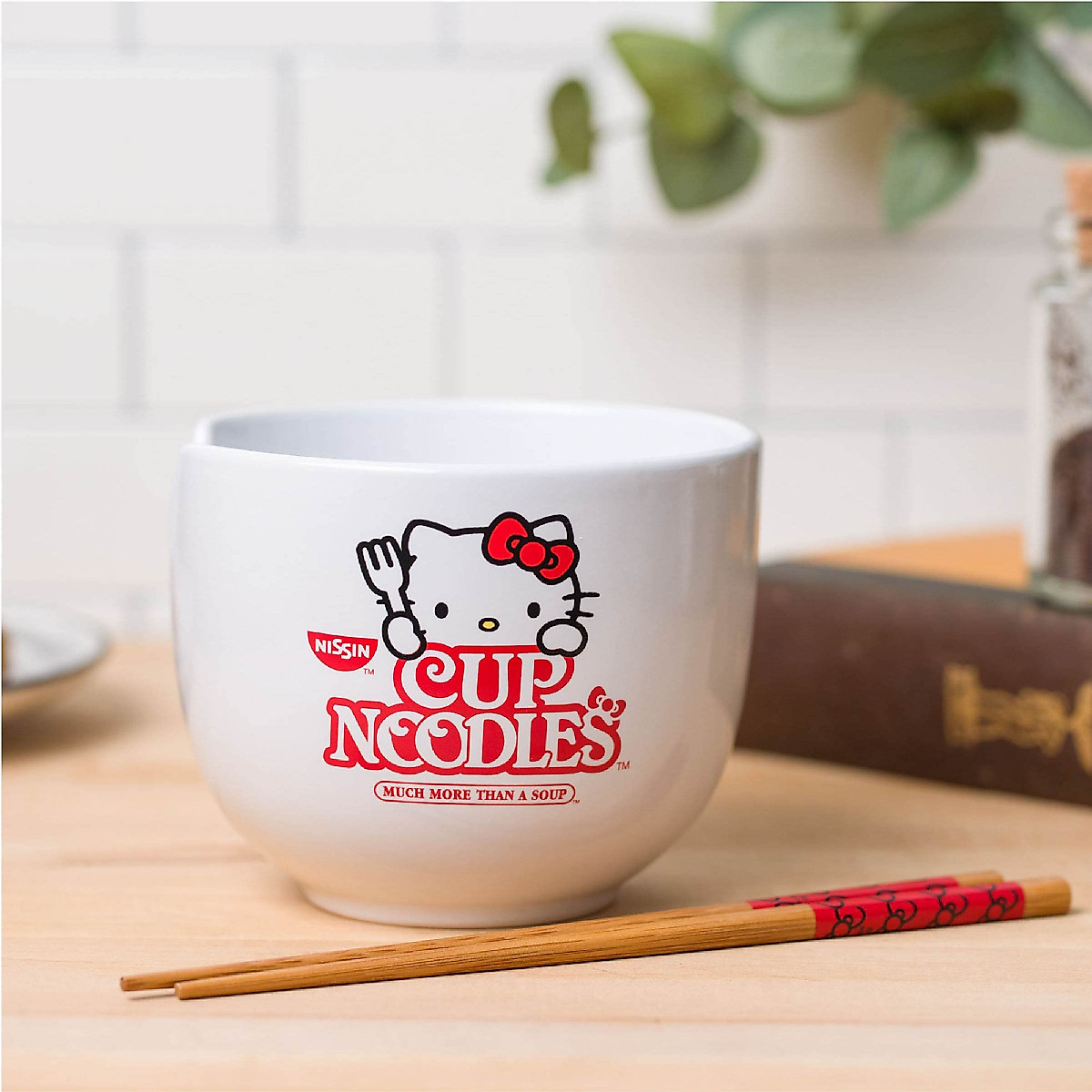 Silver Buffalo Hello Kitty Cup Noodles Nissin Boxed Ceramic Ramen Noodle Bowl with Chopsticks, 20oz