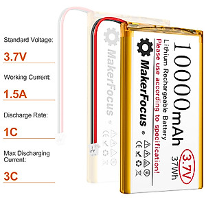 MakerFocus 3.7V LiPo Battery 10000mAh Lithium Rechargeable Battery with Integrated Protective Board, Insulation Coating and PH2.0A Plug for Raspberry Pi UPS Board and Other