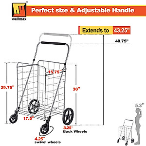 Wellmax Grocery Shopping Cart with Adjustable Handle and Swivel Wheels, Heavy Duty Foldable and Collapsible Utility Cart
