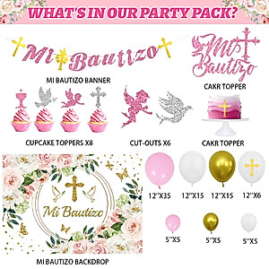 Fiesec Mi Bautizo Decorations for Girls, Baptism First Communion Christening God Bless Party Decorations Backdrop Balloon Garland Arch Glitter Banner Cake Cupcake Topper Gold Pink 103 PCs