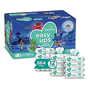 Pampers Easy Ups and Baby Wipes - Pull On Disposable Potty Training Underwear for Boys and Girls, Size 5 (3T-4T), 124 Count, with Sensitive Wipes, 12X Pop-Top Packs, 864 Count (Packaging May Vary)