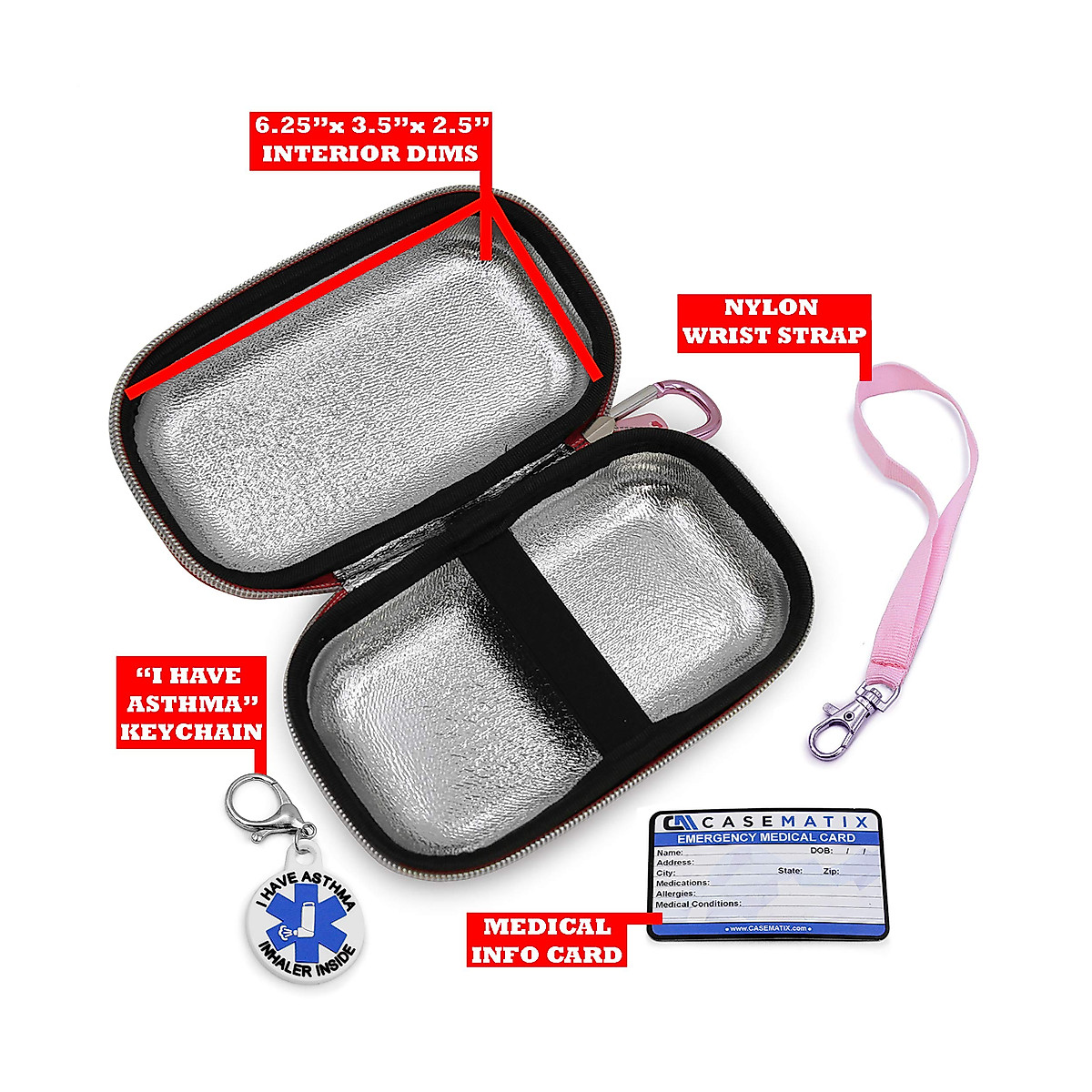 CASEMATIX Pink Compact Insulated Asthma Inhaler Travel Bag Case Compatible with Chamber Inhaler Spacer, Masks and More - Does Not Fit Spacers Longer Than 6.25 inches, Includes CASE ONLY
