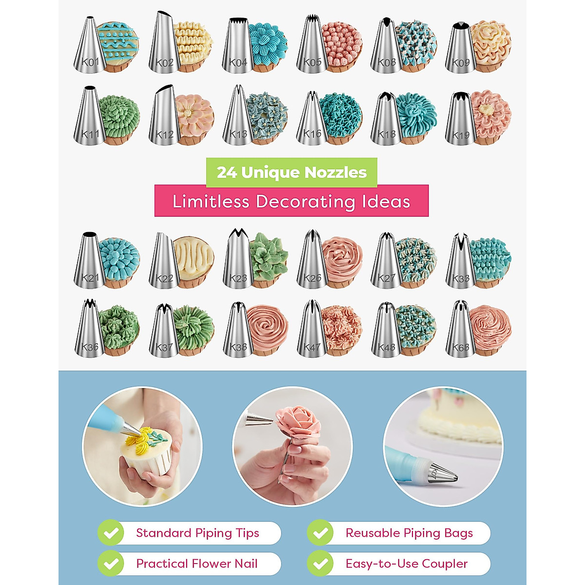 Kootek 32-Piece Piping Bags and Tips Set with 24 Icing Piping Tips, 2 Reusable Pastry Bags 12 Inch, Reusable Piping Icing Bags and Tips, Cake Decorating Kit for Frosting Cookie, Cupcake