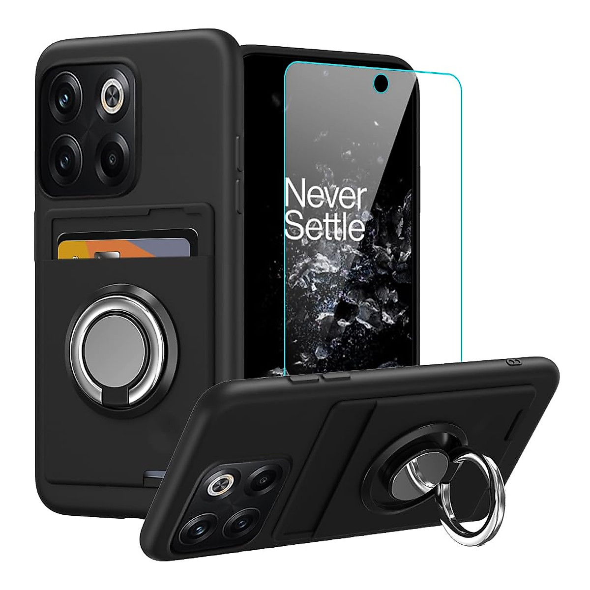Anneey for Oneplus 10T 5G Phone Case with Tempered Glass Screen Protector, Card Holder with Ring Stand case for 1+ 10T 5G Cover - Black