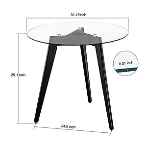ivinta Round Glass Dining Table for 2-4 People, Modern Leisure Table with Wood Legs for Kitchen Dining Room Living Room, Space Saving, 31.5 inch RD80 (Black)