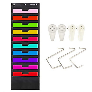 Organization Pocket Chart, Wall Hanging File Organizer Folder with 10 Large Pockets for Office, Home, School, Studio, etc. 14 X 47 inch, Black, 3 Hangers and 4 Hooks