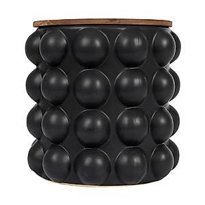 Creative Co-Op Round Stoneware Waste Raised Dots and Removable Acacia Wood Rim, Matte Black and Natural, Set of 2 Bin