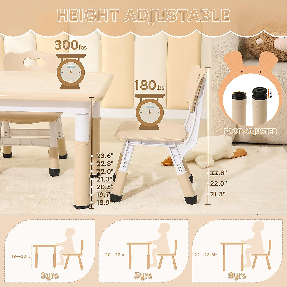 SINKIPA Kids Table and 2 Chairs Set, Height Adjustable Toddler Table and Chairs, Graffiti Desktop Kids Study Table with Anti-Slip Foot Covers, Children Activity Table for Ages 2-10