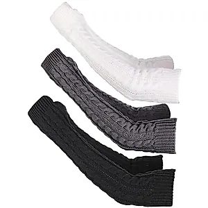 Bememo 3 Pairs Arm Warmers Long Fingerless Gloves Knit Wrist Warmers with Thumb Hole Open Finger Arm Socks for Women Adult(Black, White, Dark Gray)