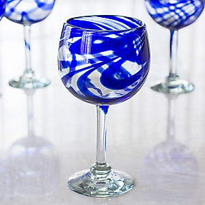 NOVICA Hand Blown Blue Swirl Recycled Glass Wine Glasses,11 oz 'Blue Ribbon' (large, set of 6)