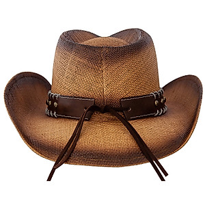 Queue Essentials Men & Women's Woven Straw Cowboy Cowgirl Hat Western Outback w/Wide Brim (Long Horn)