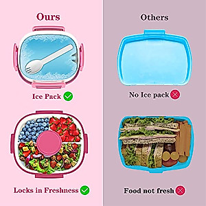 Stackable Salad Lunch Containers With Ice Pack, 1.3L Salad Bowls Bento Box Lunch Container with 4 Compartments Tray, 3oz Sauce Container for Dressings, Built-In Reusable Fork & BPA-Free (Pink)