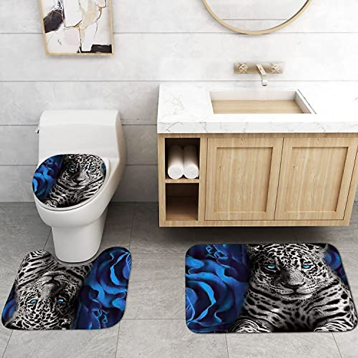 jieprom 4PCS Blue Rose and Leopard Shower Curtain Set with Non-Slip Rugs, Toilet Lid Cover and Bath Mat, Animal Shower Curtain with 12 Hooks, Durable Waterproof Bathroom Decor Set