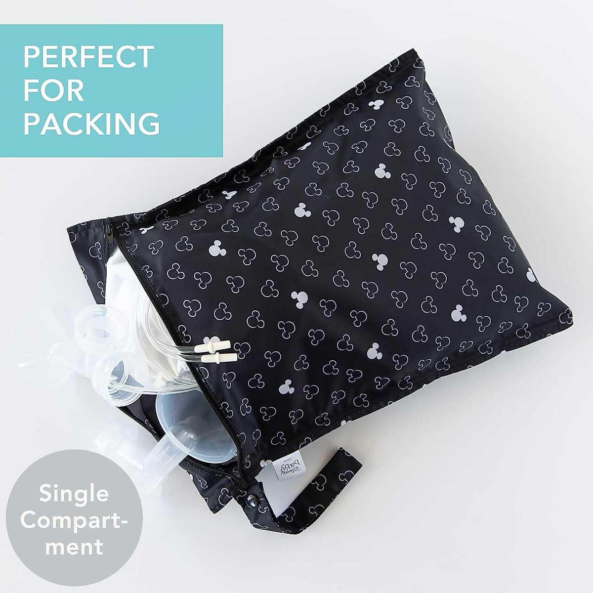 Bumkins Disney Waterproof Wet Bag for Baby, Travel, Swim Suit, Cloth Diapers, Pump Parts, Pool, Gym, Toiletry, Strap to Stroller, Daycare, Zipper Reusable Bag, Packing Pouch, Mickey Mouse Icon