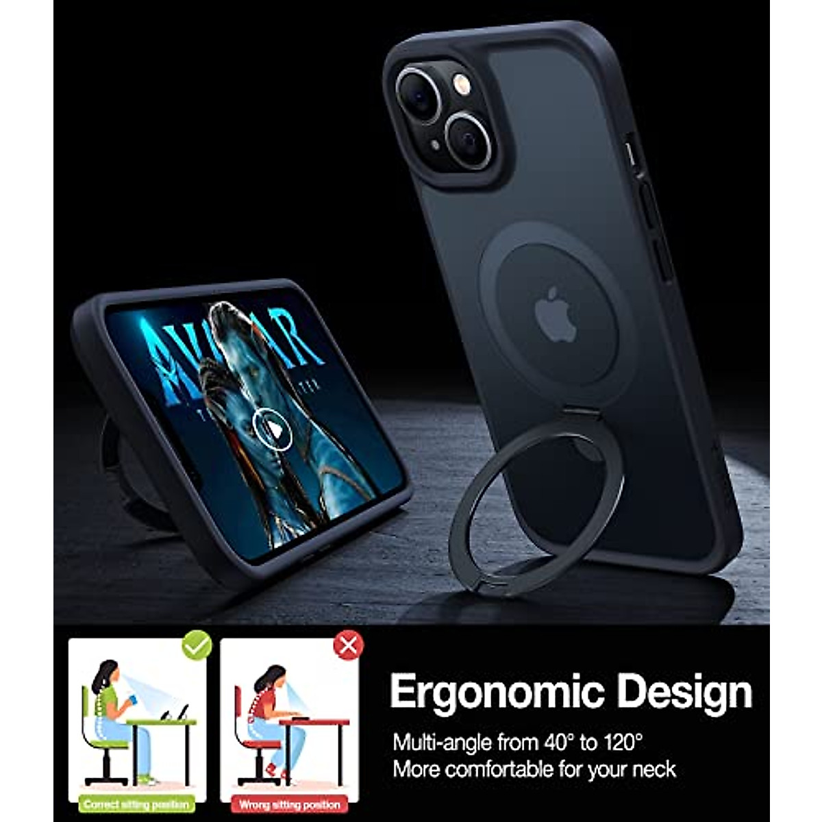 TORRAS Magnetic Shockproof for iPhone 13 Case/iPhone 14 Case, [Exceed 3X Mil-Grade Drop Protection][Compatible with MagSafe] Built-in Foldable Stand Slim Yet Protective Phone Cover, Translucent Black