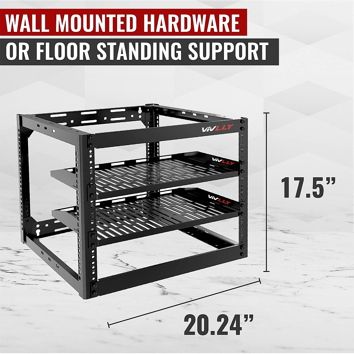 Vivlly Open Frame 10U Rack for Networking, Servers, Audio, and Video Equipment, Heavy Duty 1U Vented Shelves, Wall Mounted Hardware or Floor Standing Support