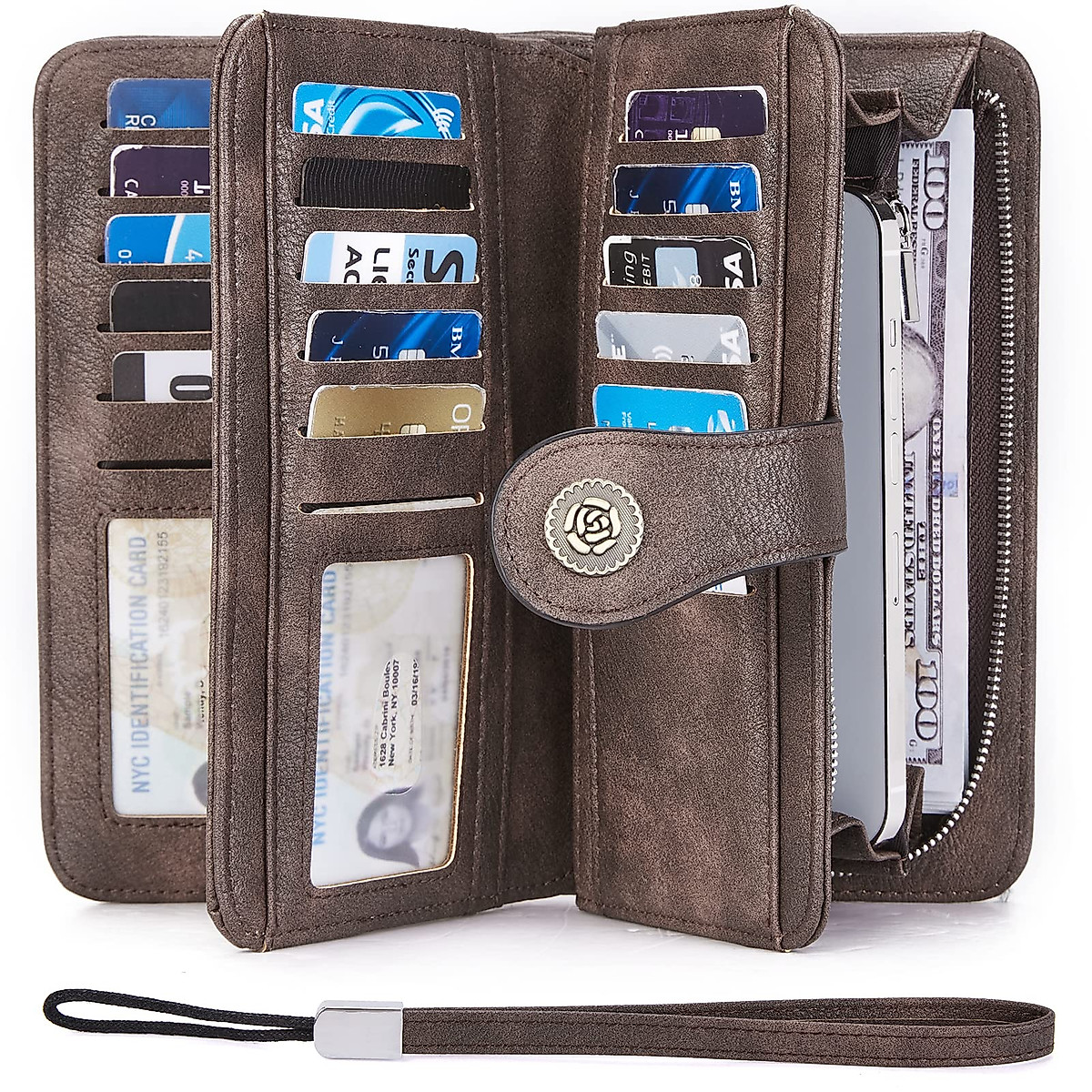 BOSTANTEN Womens Wallet Leather Large Capacity Wristlet Clutch Purse Credit Card Holder Coffee