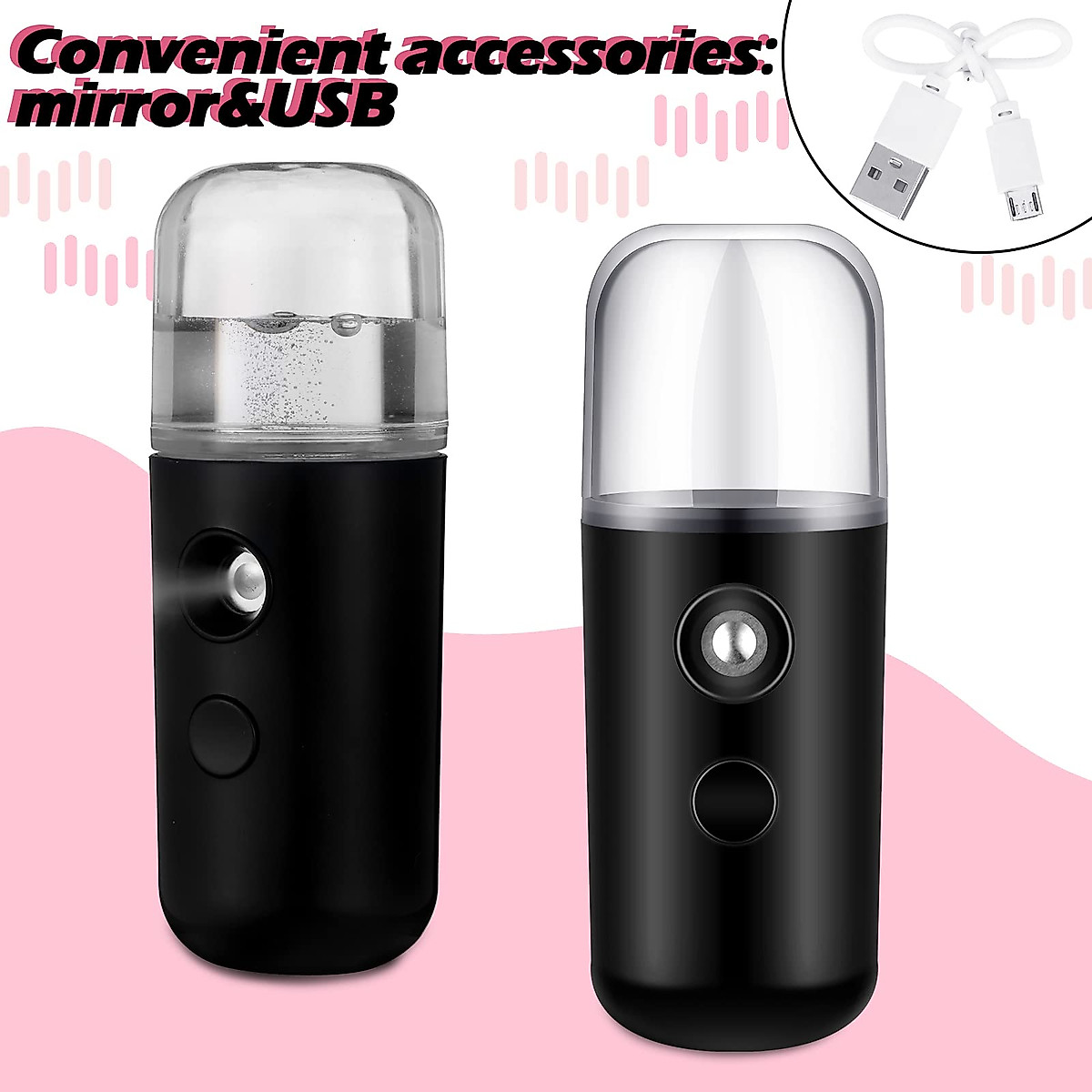 Eyelash Fan USB Portable Lash Dryer Nano Facial Mister Face Mister Portable Facial Steamer with 20ml Water Tank Rechargeable Handheld Mini Fan Lash Dryer Eyelash Extension(Black, Pink)