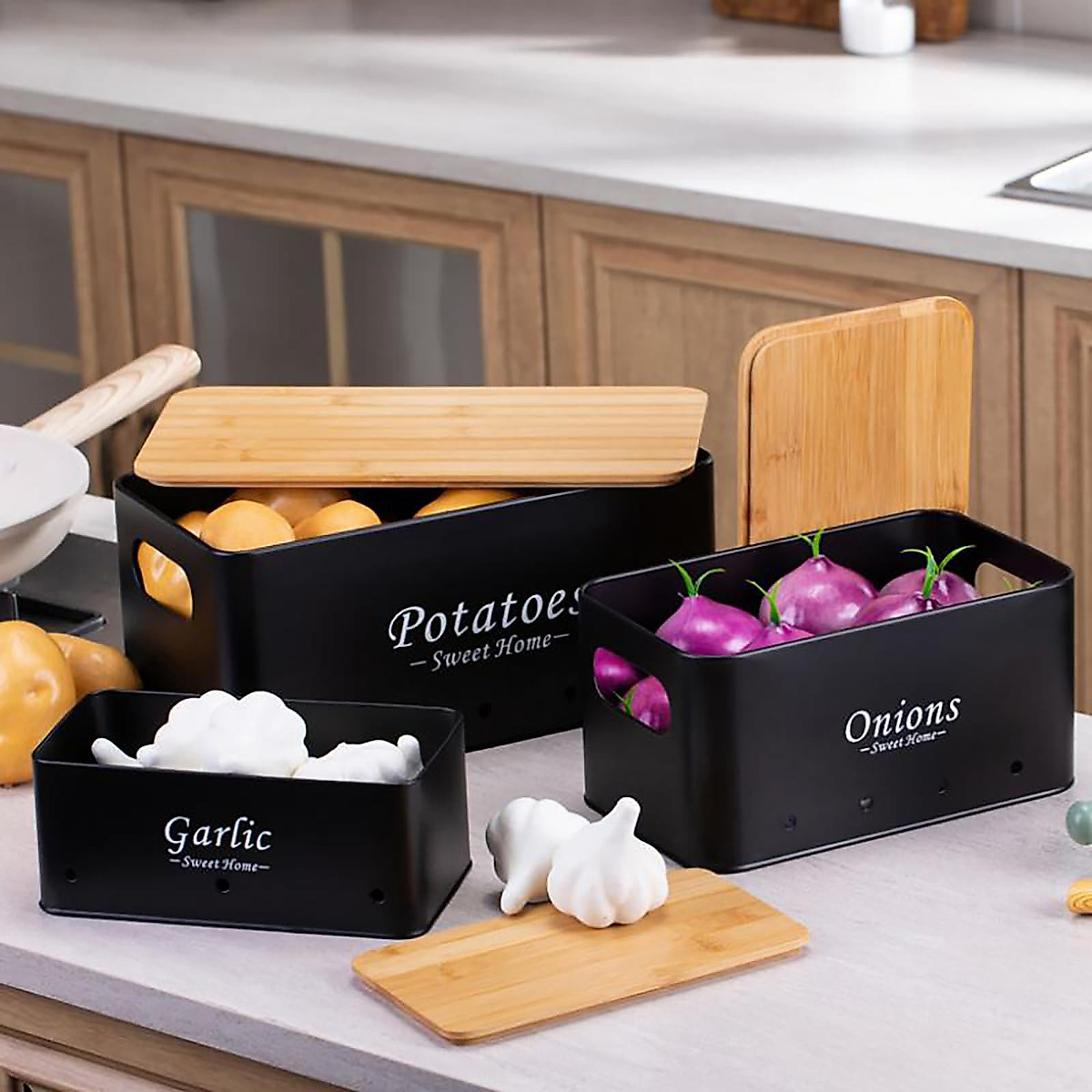 Simcat Kitchen Vegetable Storage Tins Set of 3, Potato Onion Garlic Kitchen Storage Canisters, Vegetable bin Keeper Containers with Aerating Holes and Wooden Lid (Black)