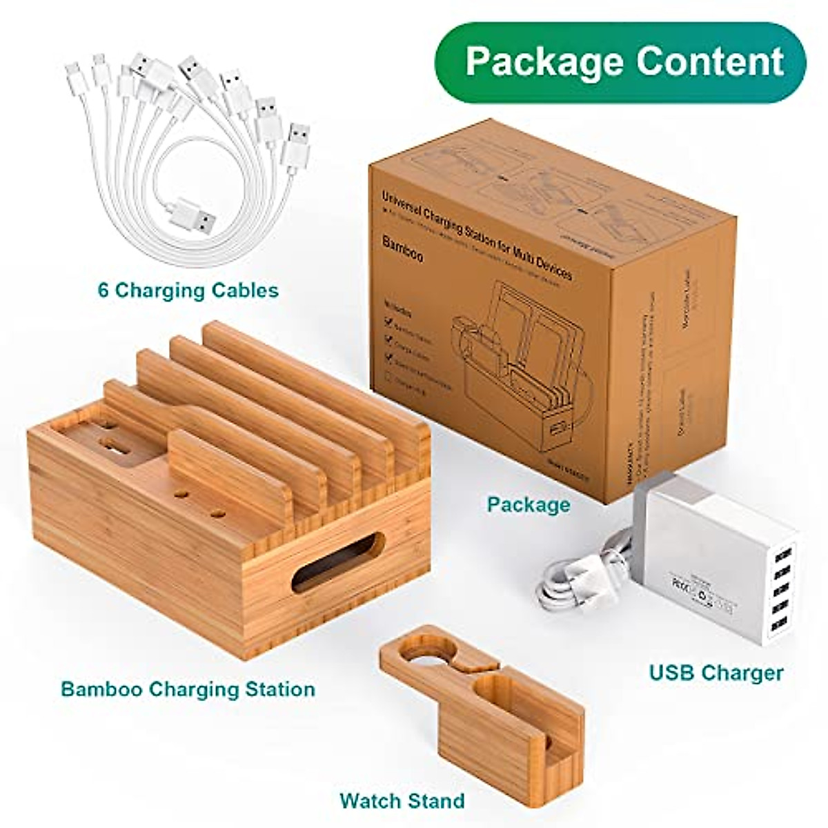 Pezin & Hulin Bamboo Charging Station for Multiple Devices (Included 5 Port USB Charger, 6 Pack Charge & Sync Cables, SmartWatch & Earbuds Stand), Electronic Device Desktop Dock Stations Organizer