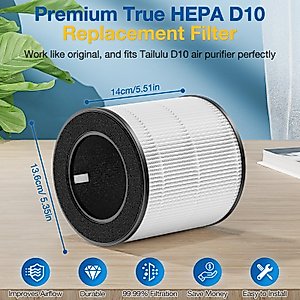 D10 Replacement Filter Compatible with Tailulu D10 HEPA Air Purifier, 3-in-1 H13 Grade True HEPA Replacement Filter, 360 Rotating D10 Filter, 2 Pack