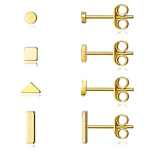 Sterling Silver Stud Earrings for Women Men- 4 Pairs of Hypoallergenic Simple Geometric Small Stud Earring Set Tiny Circle Triangle Square Bar Stud Earrings Mini Cartilage Tragus Earrings(Gold)