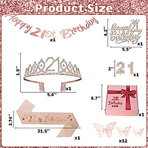 21st Birthday Decorations for Her Girls Sweet Birthday Gifts Rose Gold 21st Birthday Sash, Tiara, Cake Topper, Number 21st Candles, Happy 21st Birthday Banner, 3D Butterfly 12pcs, Birthday Supplies