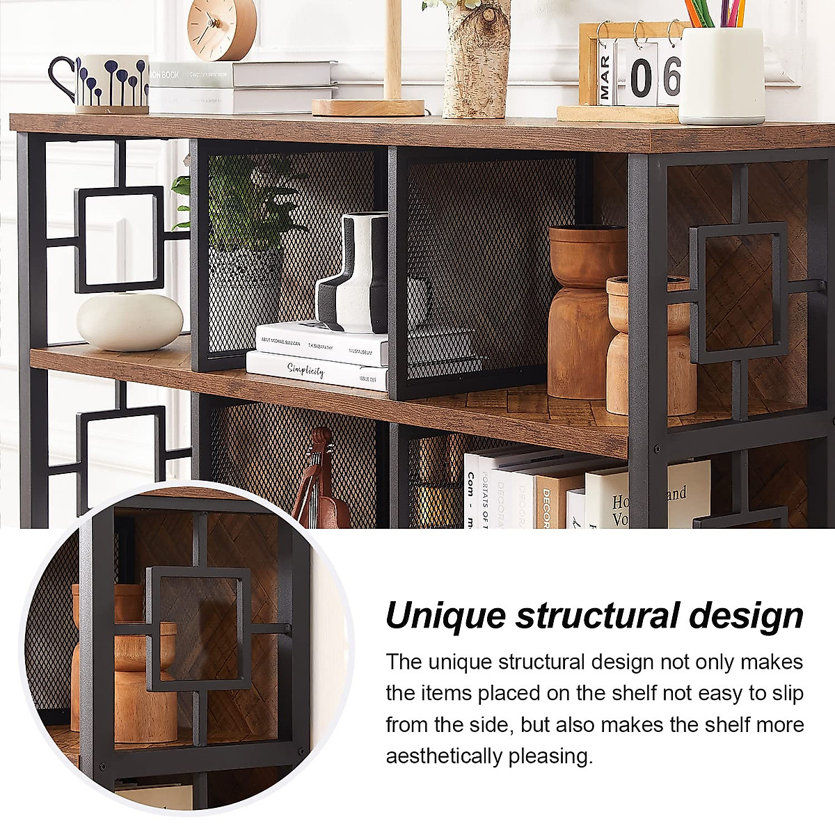 HOMISSUE 6 Cube Storage Organizer, Industrial Cube Storage Shelf with 3 Foldable Cube Storage Bin, Long Horizontal Bookshelf with Metal Frame, Low Bookshelf for Living Room and Office, Rustic Brown