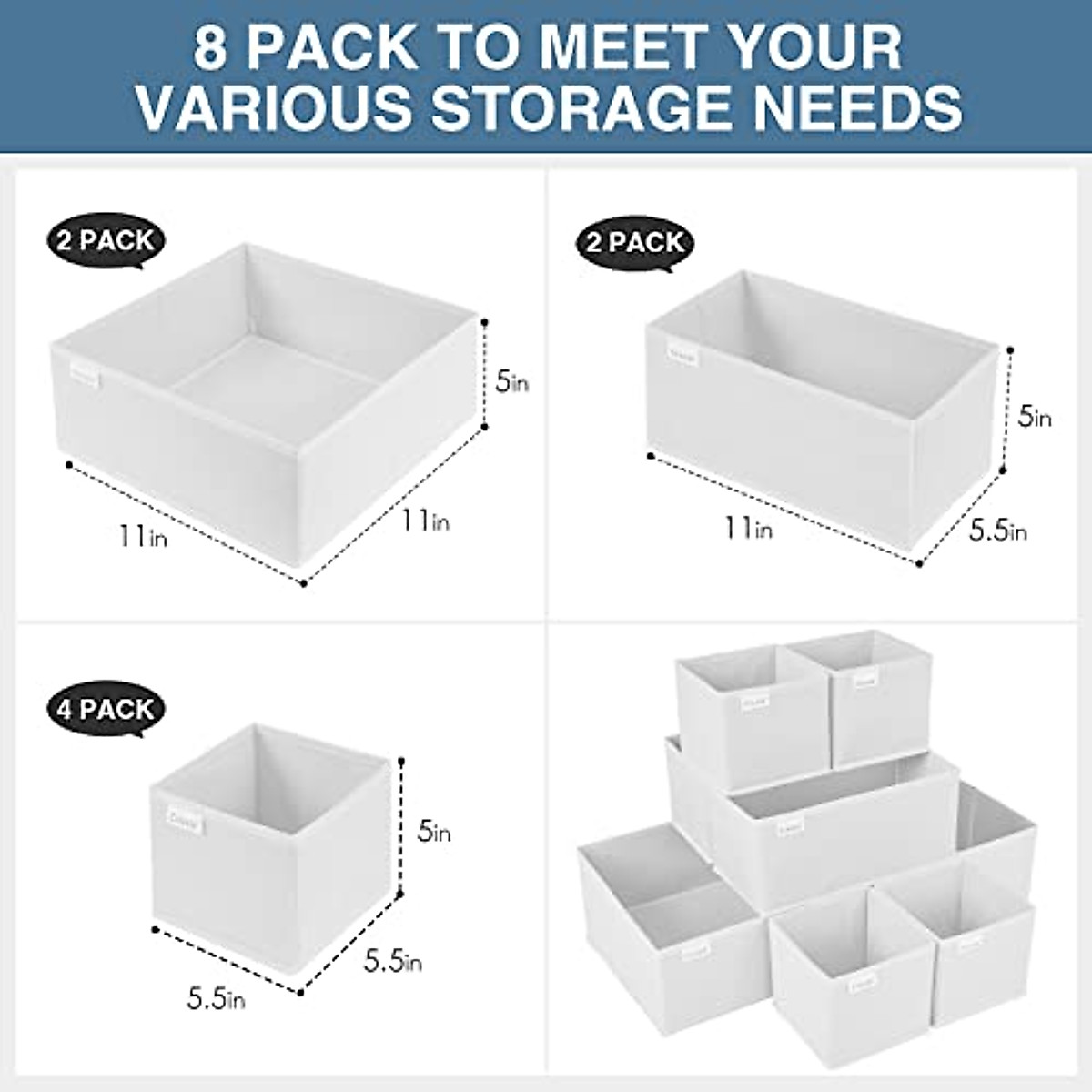 Criusia 11 Pack Underwear Drawer Organizers, Foldable Fabric Closet Cabinet Organization and Tear-Resistant Storage Boxes for Sock, Toys, Underwear, Bra, Clothes, Ties