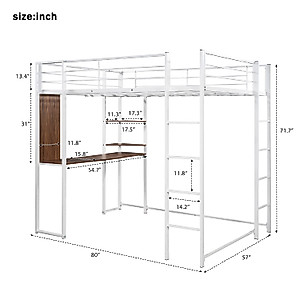 Full Size Metal Loft Bed with Shelves and one Desk, Multifunctional Loft Bed Frame for Teens/Adults (White, Full)