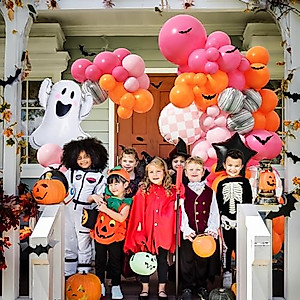 Jobkoo Halloween Balloon Arch BOO Halloween Decor Ghost Star Foil Balloons Pink Orange Latex Balloon Garland Kit 3D Bat Sticker for Kids Happy Halloween Themed Baby Shower Birthday Party Decoration