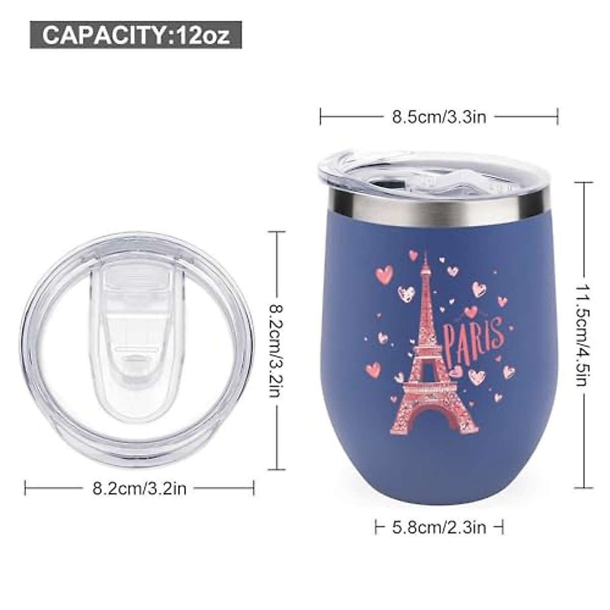 Paris France Eiffel Tower Souvenir Insulated Wine Tumbler with Lid Stainless Steel Travel Mug Coffee Cup for Cold & Hot Drinks