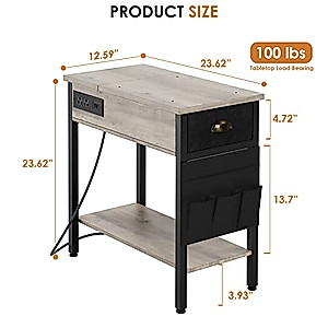 23 "End Table with Charging Station- Flip Top Narrow Side Tables With Storage Drawers/USB Ports/Outlets Sofa Couch Bedside Table Night Stand Furniture for Living Room Bedroom Office Small Spaces