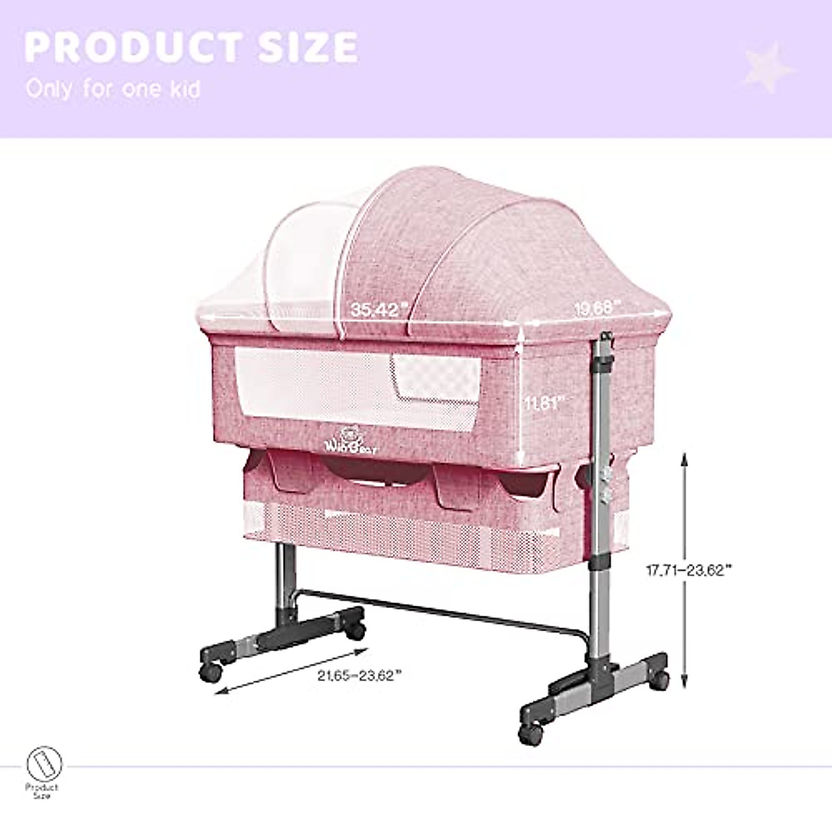 Napfox Baby Bassinet, Bedside Sleeper,Foldable Baby Bed to Bed, Adjustable Portable Bed for Infant/Baby/Newborn,with Mosquito Nets, Large Storage Bag, Comfortable Mattresses, Lockable Wheels(Pink)